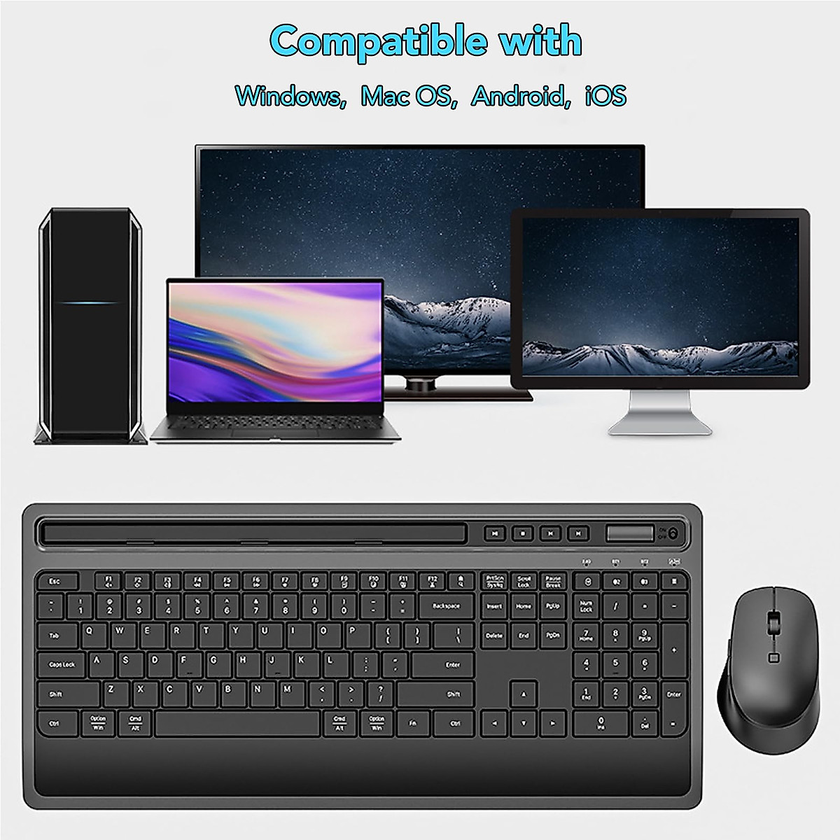 Wireless Keyboard and Mouse Combination, Silent Numeric Keypad and Adjustable DPI Mouse, Built-in Phone & Tablet Stand, Compatible with MacBook, Windows Computer, Black