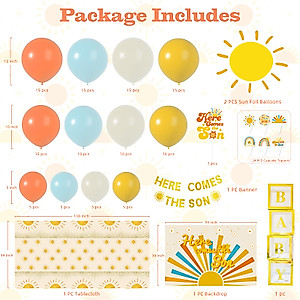 Here Comes the Son Baby Shower Decorations for Boy 1st Birthday Party Supplies Boho Retro Sunshine Balloon Garland Arch Kit Party Table Decor Photograph Backdrop Glitter Banner Cupcake Toppers