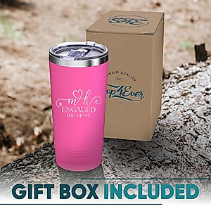 Custom His and Her Initials Heart Engagement Date Keepsake Engraved Insulated Stainless Steel Tumbler with Lid 20 oz. Personalized Engaged Gift for Bride Groom (Pink)