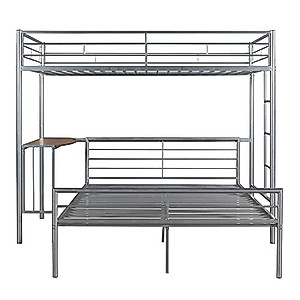 Tidyard Twin Over Full Metal Bunk Bed with Desk, Ladder and Quality Slats for Bedroom, Metallic Silver for Bedroom Dorm Guest Room Home Furniture
