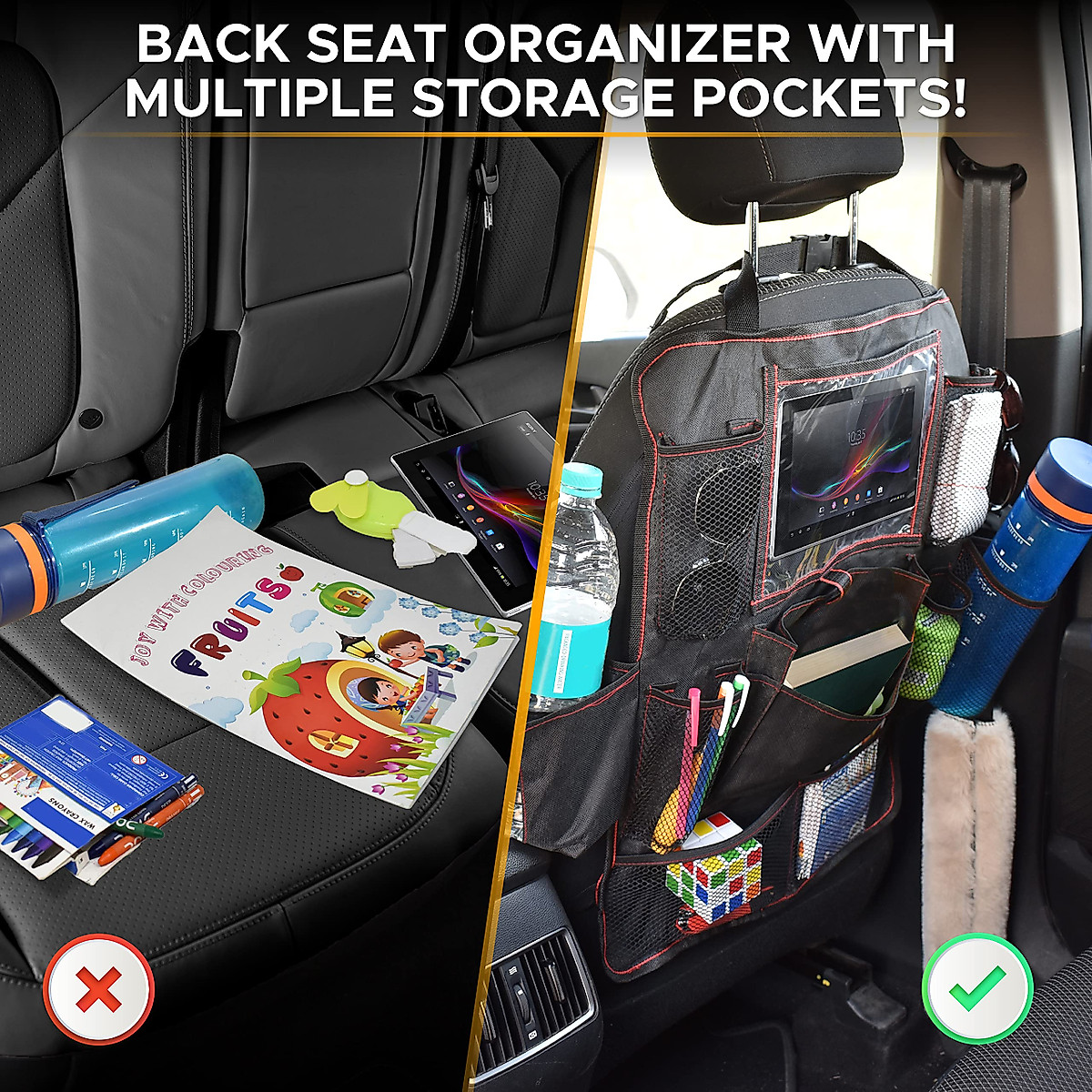 EcoNour Backseat Car Organizer (2 Pack), Heavy Duty Waterproof Stain Resistant Kick Mats Back seat Protector For Kids | Multiple Storage Pockets, Travel Accessories, Touchable Tablet Holder