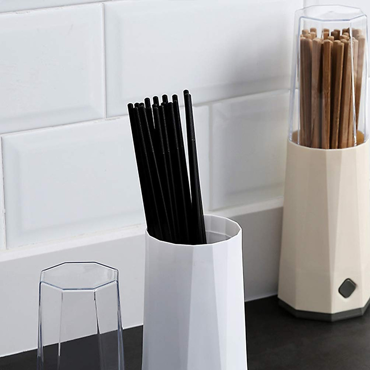 UPKOCH Chopsticks Holder Drain Rack Basket Detachable Kitchen Utensils Fork Spoon Storage Holder Toothbrush Toothpaste Stand With Cover (White)