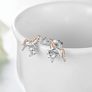 SVODEA Horse Heart Earrings Rose Gold Plated 925 Sterling Silver Horse Stud Earrings with 5A Cubic Zirconia Cute Animal Stud Earrings Jewelry Gift for Women Mom Wife