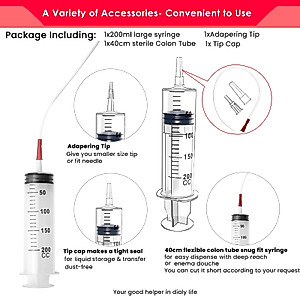 200ml Large Plastic Syringe with Tubing Tip Cap for Liquid Jello Shots Oral Lip Gloss Crafts Epoxy Feeder Pet Watering Party Enema Irrigator Measure Refill Oil Glue Applicator Dispenser without Needle