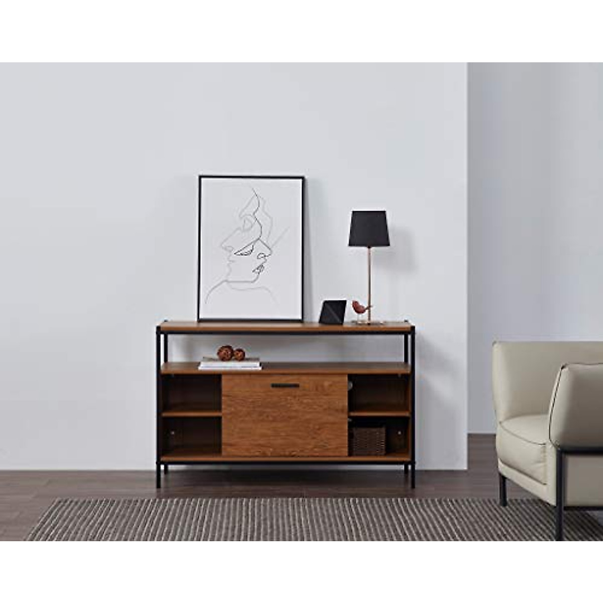 Caffoz 48" Sliding Barn Door TV Media Stand with Storage Shelves, Industrial Entertainment Center with Slide Door Cable Management Farmhouse Wood Look Accent Furniture, Oak Brown