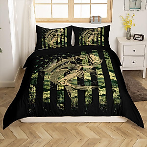Bass Fish Camouflage Bedding Set Full Pike Fish Camo Duvet Cover for Women Men Room Kids Farmhouse Fishing Decor Comforter Cover Set Fishman Wild Bedspread Cover 3Pcs Zipper Green Black Full Size