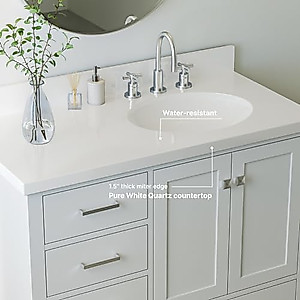 ARIEL Cambridge 43 Inch White Bathroom Vanity with Sink, 1.5" Edge Quartz Countertop, Solid Wood, Right Oval Sink, 2 Soft Closing Doors, 5 Full Extension Dovetail Drawers