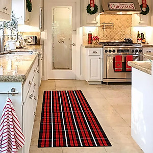 Buffalo Plaid Outdoor Rug Christmas Door Mat Christmas Decor Welcome Rug Cotton Hand-Woven Layered Door Mats for Front Porch, Kitchen, Farmhouse, Entryway (24"x51", Red/Black/White)