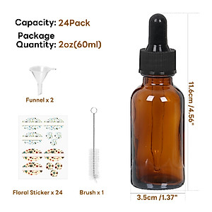 STARSIDE 24 Pack 2 oz Amber Glass Dropper Bottles for Essential Oils,60 ml Glass Bottles with Glass Droppers for Lab Chemicals,Perfumes.Included 1 Brush,2 Funnels and 24 Labels