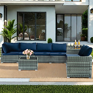 Pierybyt 8-Piece PE Rattan Wicker Outdoor Sectional Sofa Set, Modular Patio Furniture with Thickened Cushions, Hidden Storage & Conversation Patio Set with Glass Top Coffee Table (Gray-Blue)