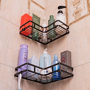 Generic Corner Shower Caddy Adhesive 2-Pack - Black Shower Organizer with Hooks | No-Drill, Rustproof Storage Baskets for Bathroom, Apartment, and Dorm