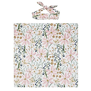 Vollmic Newborn Baby Girl Receiving Blanket Swaddle Blanket Stretchy Knit Swaddle Set with Matching Headband (Golden Flower)