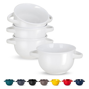 KooK Soup Bowls, French Onion Soup Bowls, Soup Crocks, Oven Safe Bowls, Soup Mugs, Ceramic Bowls with Handles, for Rice, Dessert, Pasta, Dishwasher, Microwave, Set of 4, 18 Oz (White)