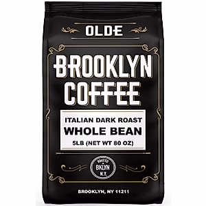 BROOKLYN COFFEE Whole Bean, Italian Dark Roast (5lb) Extra Strong, Delicious Taste, Heavenly Aroma - Fresh Bulk Coffee Beans Roasted Weekly in NYC