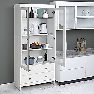 YIGOBUY White Bookcase with Glass Doors Tall Display Cabinet Wooden Bookshelf Organizer for Home Bedroom, Living Room, Office, Library with Doors, White Freestanding Kitchen Pantry