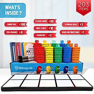 Magnetic Ten Frame Set: 8 Durable Ten-Frames + 100 Colorful Counters + 80 Math Flash Cards + 10 Dice - Addition & Subtraction - Math Manipulatives Kit for Home, Kindergarten & Elementary Teachers
