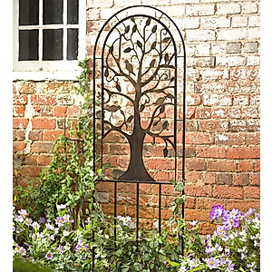 Plow & Hearth Arched Metal Garden Trellis with Symbolic Tree of Life Design, Weather-Resistant Matte Black Powder-Coat Finish and Burnished Bronze Highlights
