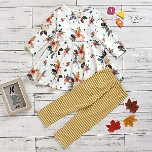 Aimaopao Toddler Baby Girls Fall Winter Clothes Set Little Girls Floral Tunic Tops Pants Outfits Clothing Yellow Floral 4T