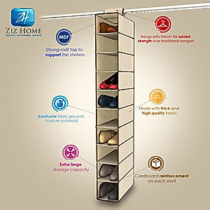 Ziz Home Hanging Shoe Organizer for Closet, 10 Shelf, Tough Fabric 12”x6”x47” | Closet Shoe Organizer Hanging | Shoe Storage Hanging Shoe Holder | Shoes Sorter Shelves Rack Hanger (Beige)