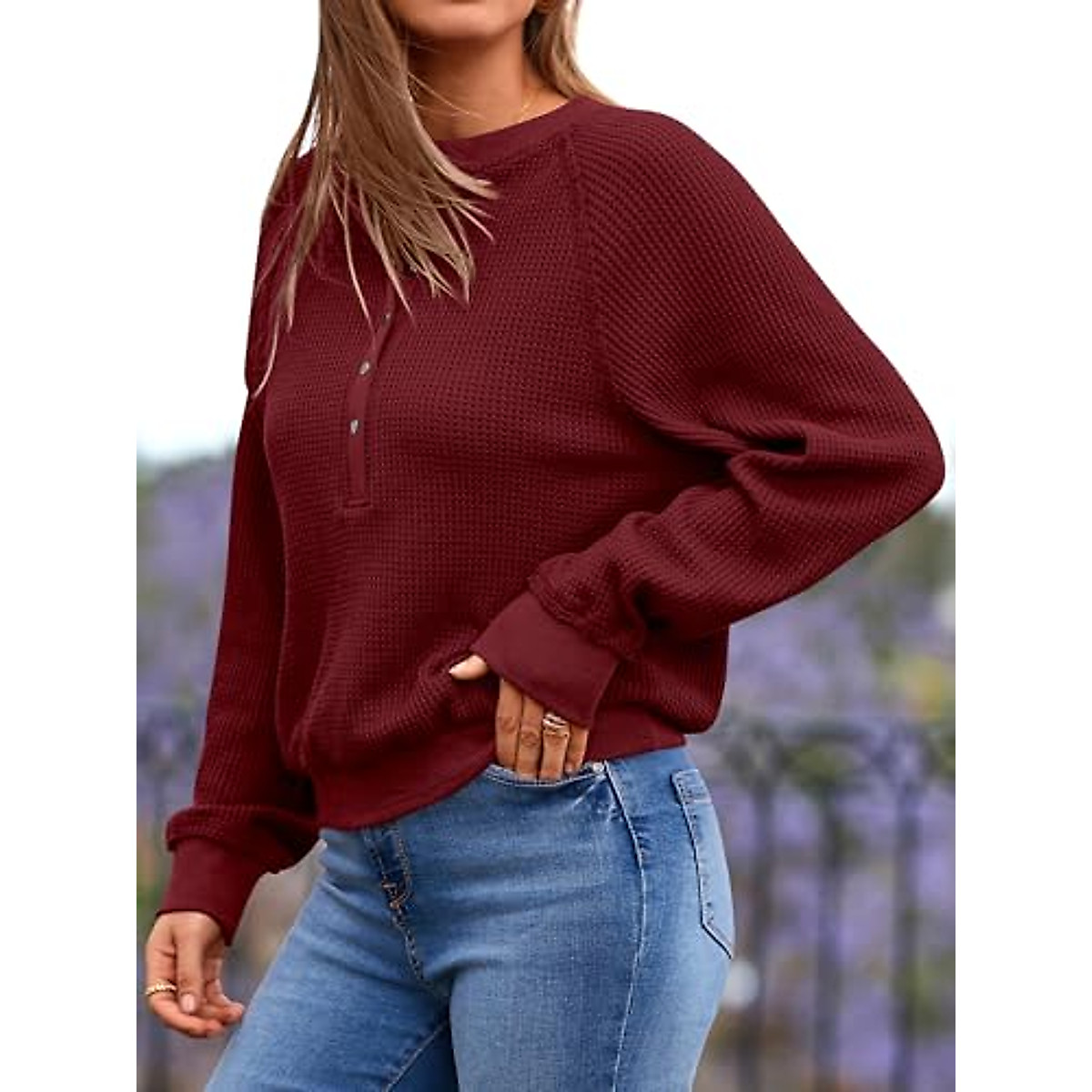 PRETTYGARDEN Women Drop Shoulder Long Sleeve Sweatshirt Fall v Neck Oversized Crop Pullover Winter Waffle Knit Henley Tops Button Down Shirt (Jujube Red, XX-Large)