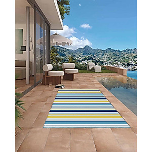 Blue Yellow Striped Outdoor Rug for Patio/Deck/Porch, Non-Slip Large Area Rug 4 x 6 Ft, Farmhouse Navy Blue Ombre Stripes Indoor Outdoor Rugs Washable Area Rugs, Reversible Camping Rug Carpet Runner