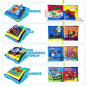 AMINFUN Soft Cloth Baby Book Toy, Colorful Fabric Baby Learning Book(Pack of 4),Touch and Feel Crinkle Sound,Early Educational Toy,Gift for Babies Infants Toddlers