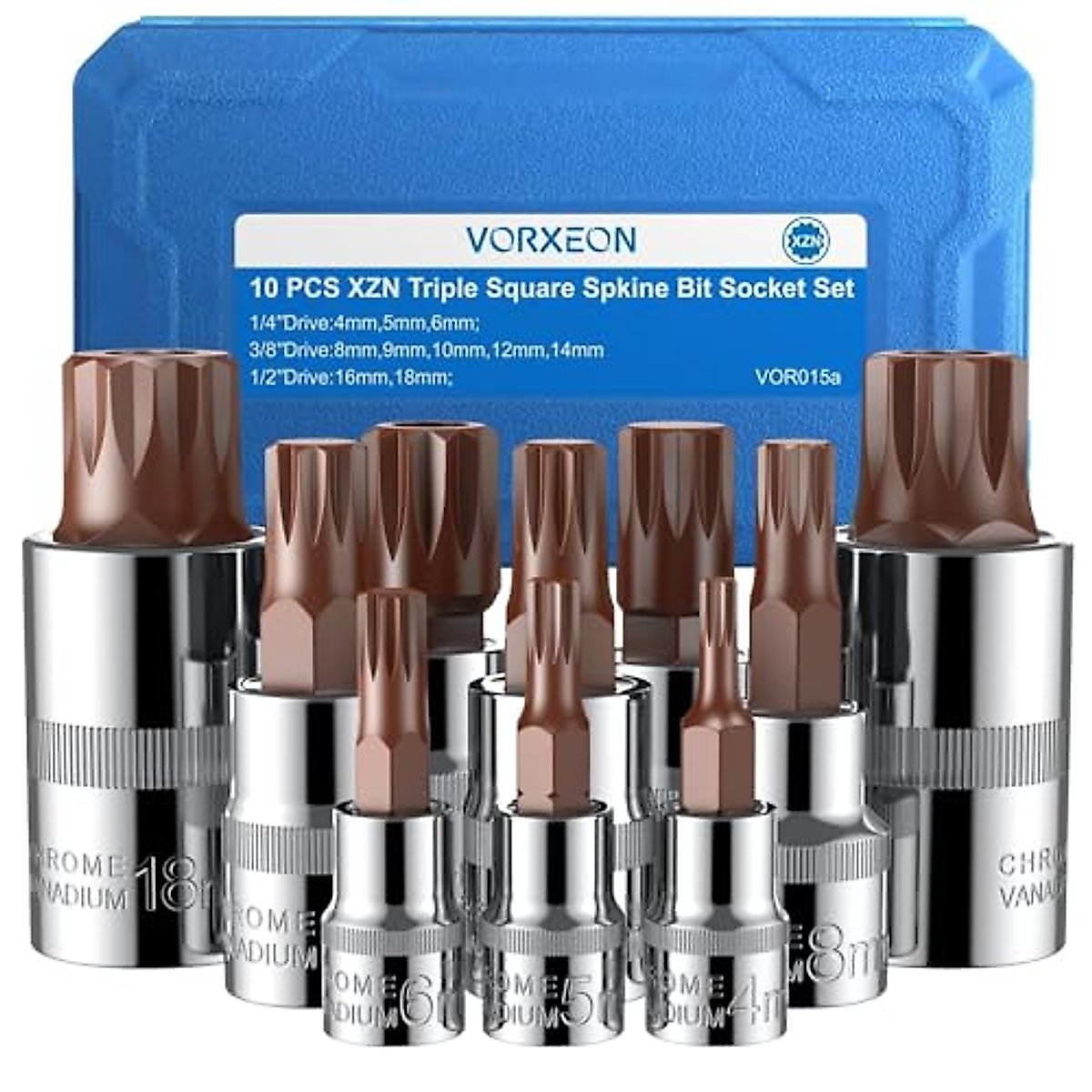 VORXEON 10 Pcs Triple Square Spline Bit Socket Set M4 - M18, S2 Alloy Steel and CR-V XZN Sockets with Storage Case, 1/4” 3/8” 1/2” Drive