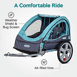 InStep Sync Kids Bike Trailer, Tow Behind Child Carrier, Foldable and Compact, Easy Storage, Bug Screen and Weather Shield Canopy, Safety Flag, 16-Inch Wheels, Double Seat, Light Blue