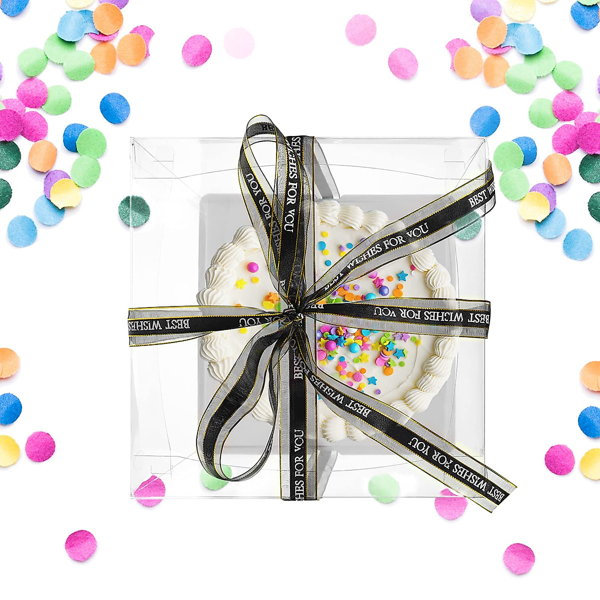 4 Pcs Clear Cake Boxes with a 147 ft Ribbon 10 x 10 x 9 Inch Tall Cake Box for Wedding Birthday Anniversary Baking Cookie Display Pack Baking Box Transparent Cake Box Portable Tall Layer Bakery Box