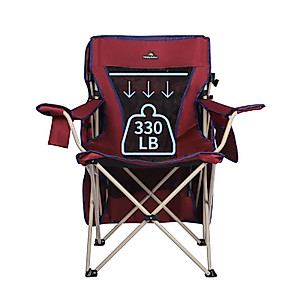 Camping Brothers Camping Chair with Shade Canopy - Outdoor Folding Patio Chair - Includes Retractable Sun Shade, Cup Holder, Side Pockets (Maroon)