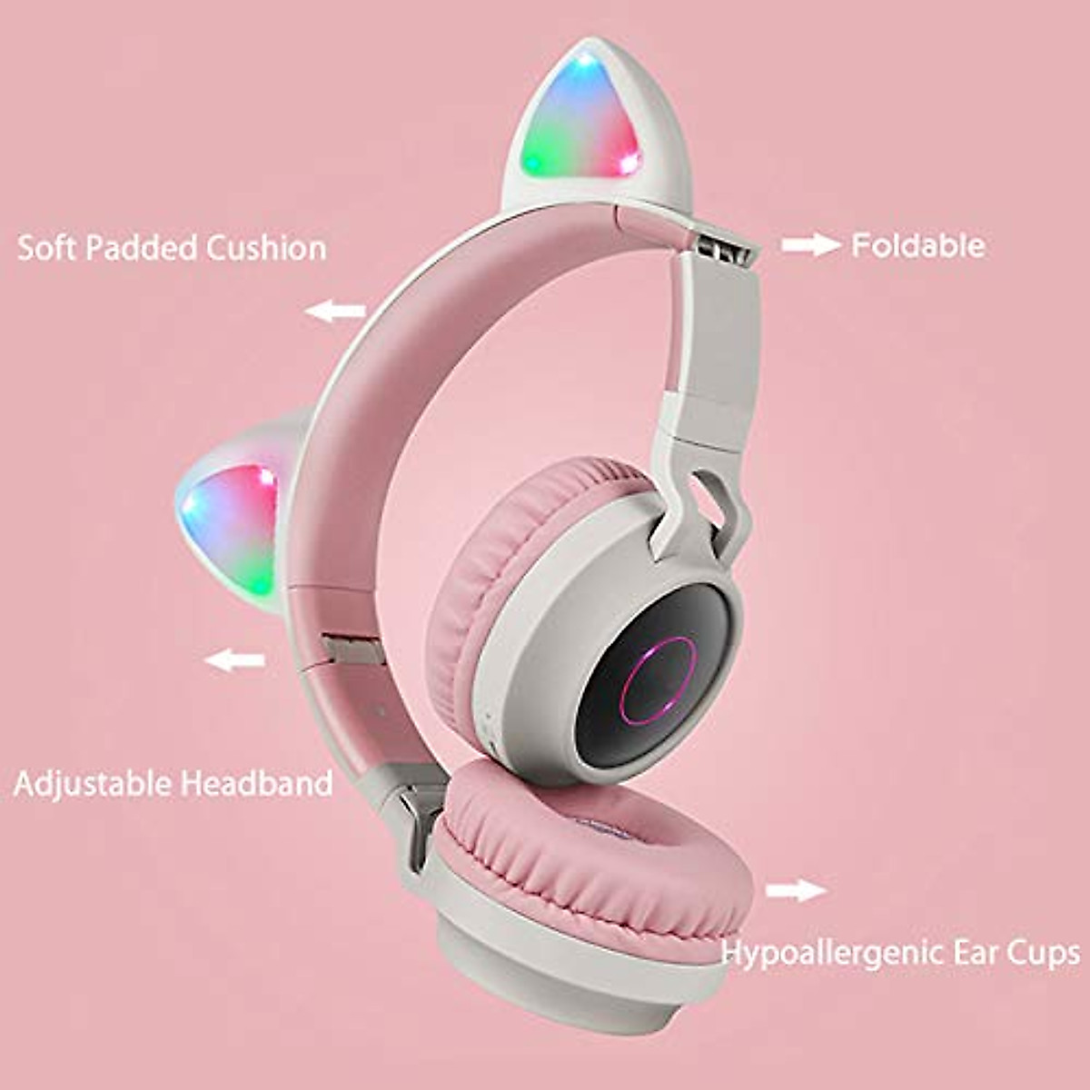 Aresrora Wireless Bluetooth Kids Headphones, Cat Ears Bluetooth Over Ear Headphones Volume Limiting,LED Lights, FM Radio, TF Card, Aux, Mic for iPhone/iPad/Kindle/Laptop/PC/TV (Purple)