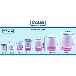 ISOLAB 026.01.S01.Set4 7 Pieces Premium Laboratory Plastic Beaker Set, High Clarity, Polypropylene, Raised Graduations, Autoclavable, 25 mL, 50 mL, 100 mL, 250 mL, 500 mL, 1000 mL, 2000 mL