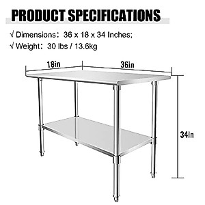 KODOM Food Prep Stainless Steel Table 36" x 18", Heavy Duty Workbench with Adjustable Under Shelf, Commercial Worktable for Kitchen, Restaurant, Home and Hotel