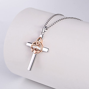 CHIC & ARTSY Celtic Cross Necklace 925 Sterling Silver Claddagh Celtic Knot Pendant Necklace for Women Dainty Two-Tone Christian Claddagh Celtic Trinity Knot Cross Necklace For Women