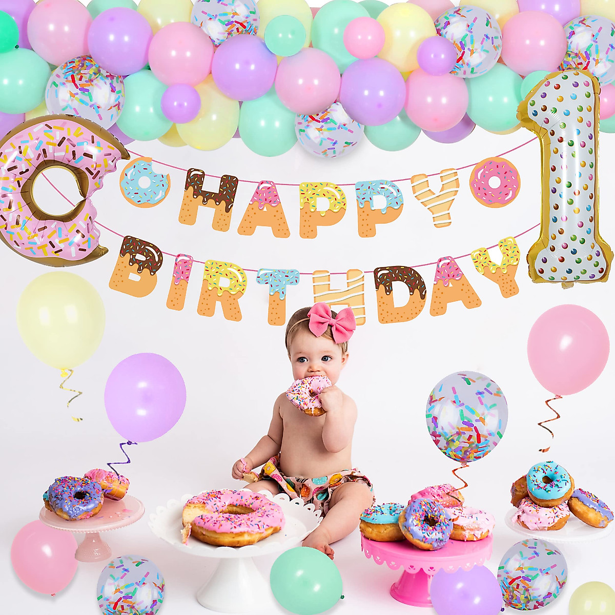 Sweet One Donut Birthday Party Decorations for Girls Donut 1st Birthday Pink Macaron Pastel Balloon Garland Arch Kit for Doughnut 1st Birthday Party Decor with Happy Birthday Banner