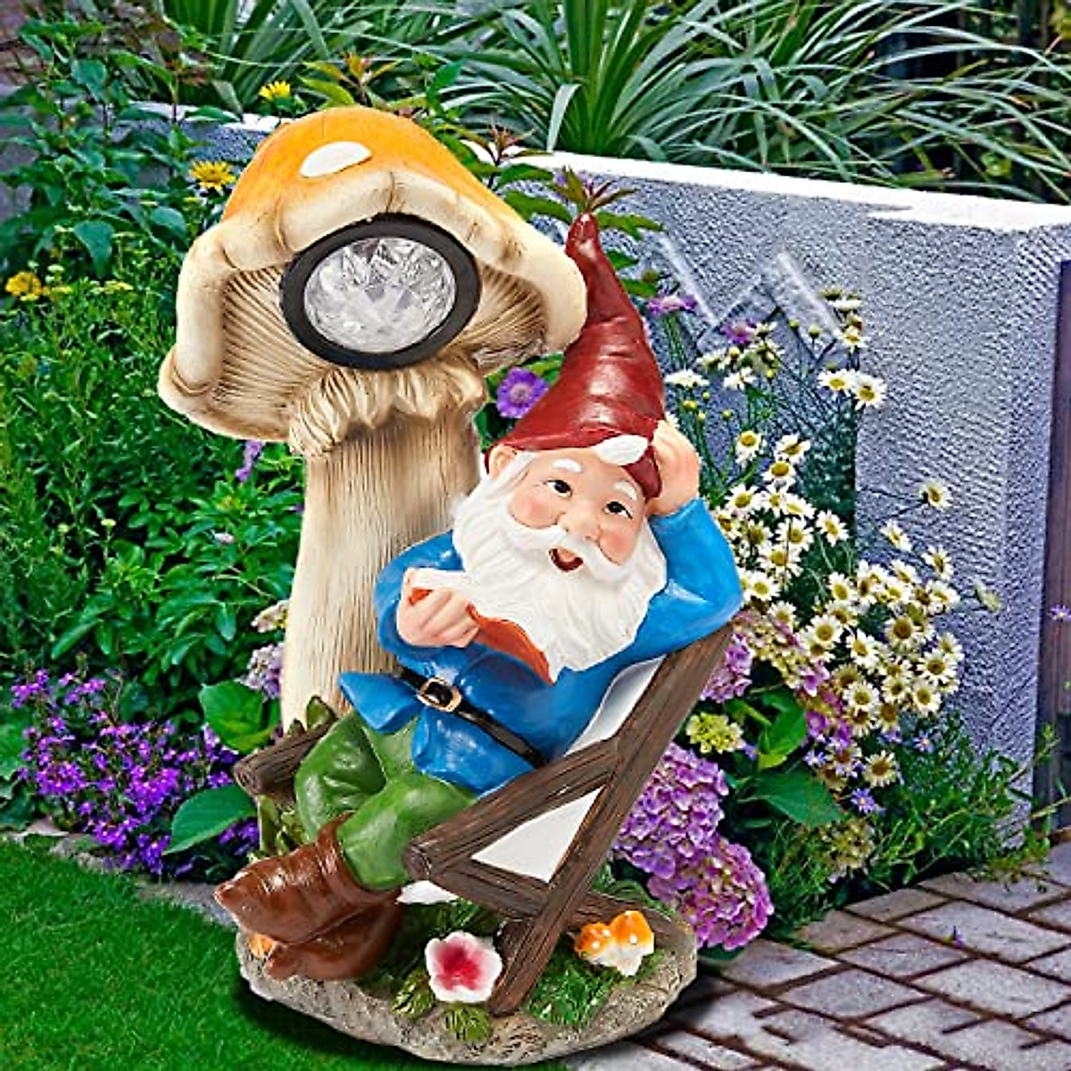 Lifoberstar Outdoor Garden Gnomes Reading Book Statues with Solar Mushroom Light 11inch Large Figurines Lights Lawn Dwarf Ornament Yard Backyard Patio Home Decoration Gift for Mom Grandma Lovers