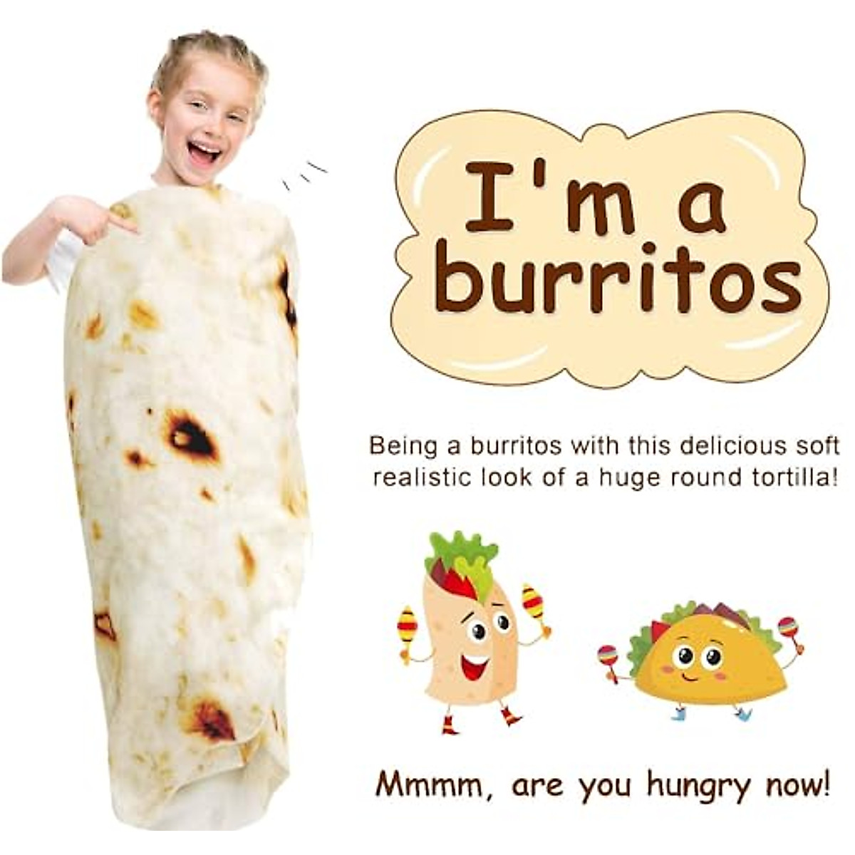 Acteb Burrito Tortilla Blanket Gifts for Kids Teens 60in, 300GSM Double Sided Print Novelty Soft Flannel Wrap Round Throw Blankets Home Decor Food Taco