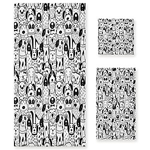 ATTX Bathroom Decorative Towel Set with Black White Doodle Dogs Print, 3-Piece Set with 30x60 inch Bath Towel, 16x28 inch Hand Towel & 13x13 inch Washcloth