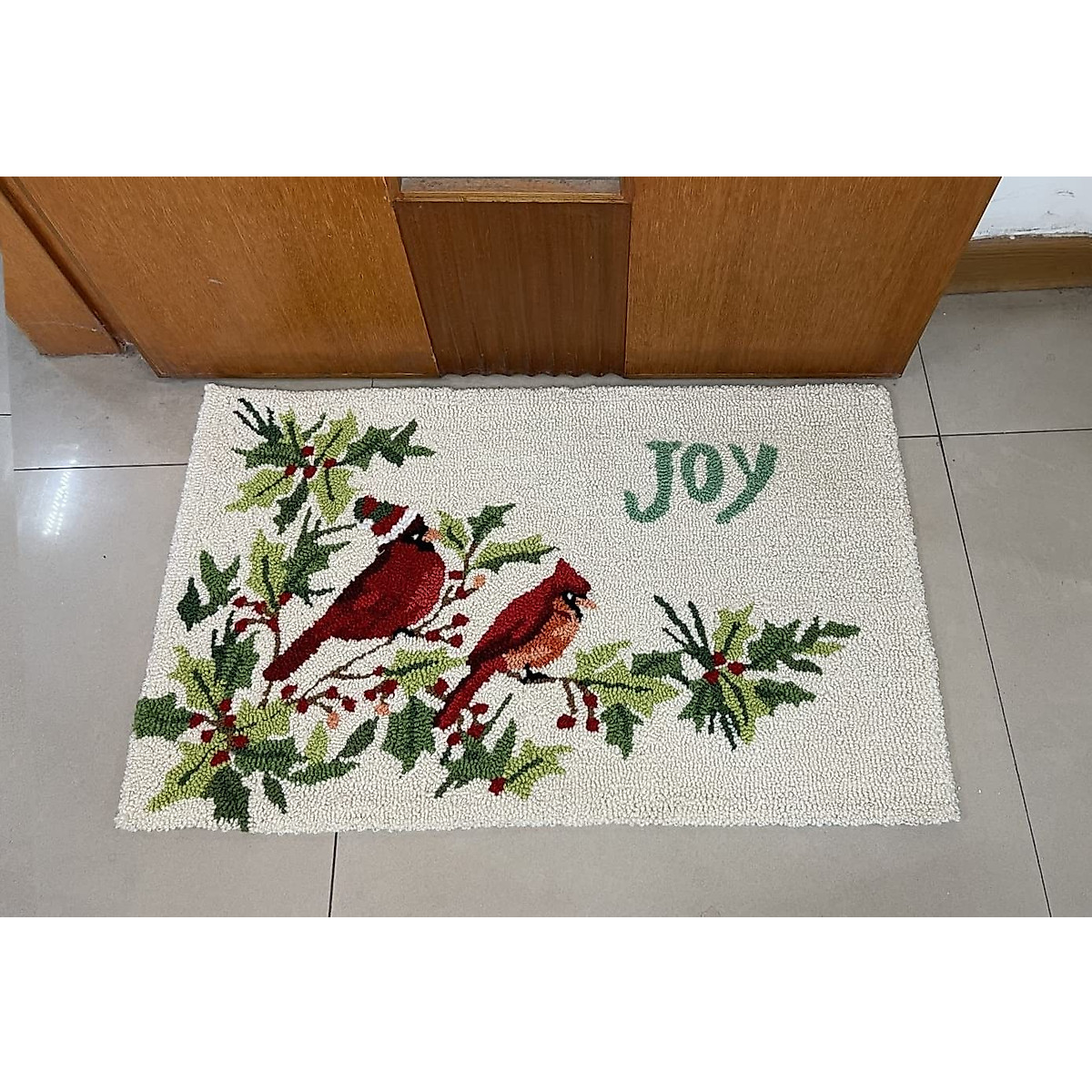 EZ.enjoy Winter Cardinal on Branch Holly Berries Joy Hand-Hooked Accent Rug 28.5 X 17 Inches for Holiday Christmas Home Decor