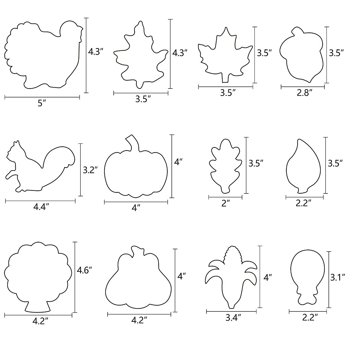 12PCS Large Fall Thanksgiving Cookie Cutter Set - Turkey,Pumpkin,Maple/Oak/Teardrop Leaf,Squirrel, Acorn,Corn,and Turkey Leg