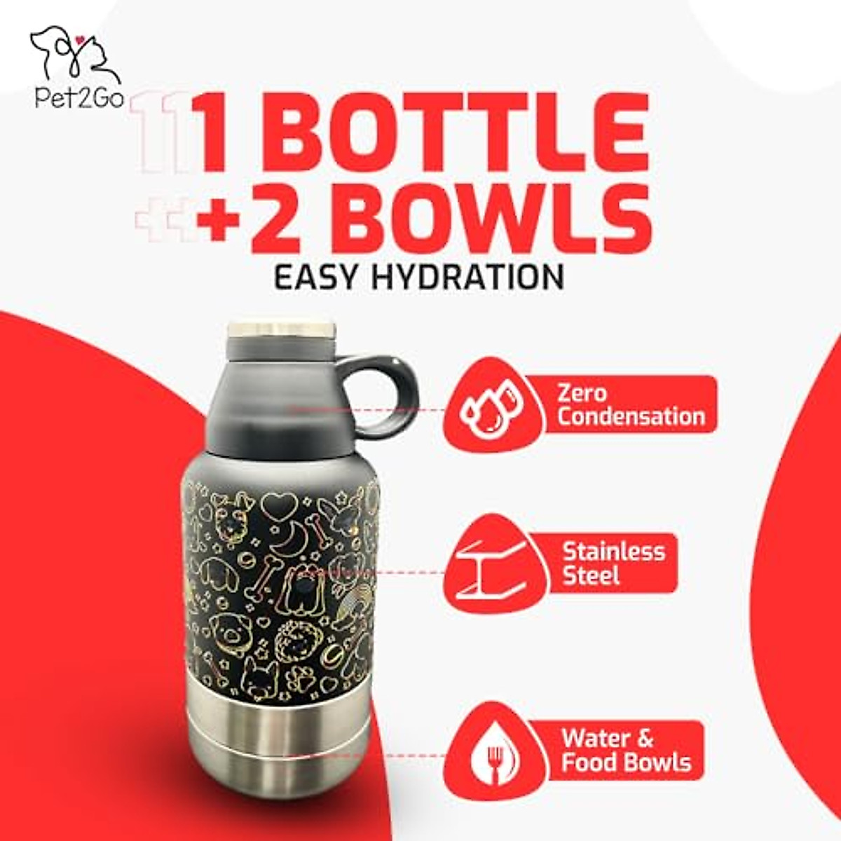 PET2GO Dog Travel Water Bottle 32 oz. with Treat Holder & Detachable Bowls | Insulated, Portable Stainless Steel Water Dispenser for Pets | Dog Walking Accessory | Outdoor Dog Beach Gear (Gold)