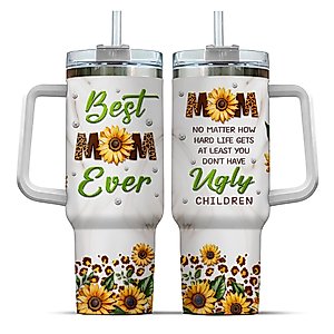 99OWL Cups Straws Coffee Black Water Green Simple Cup Be Tumblers Print Handle Day, Best Mom Ever Gifts, Tumbler 40 Oz With Handle Lid And Straw, Mom Carving Leopard Sunflower