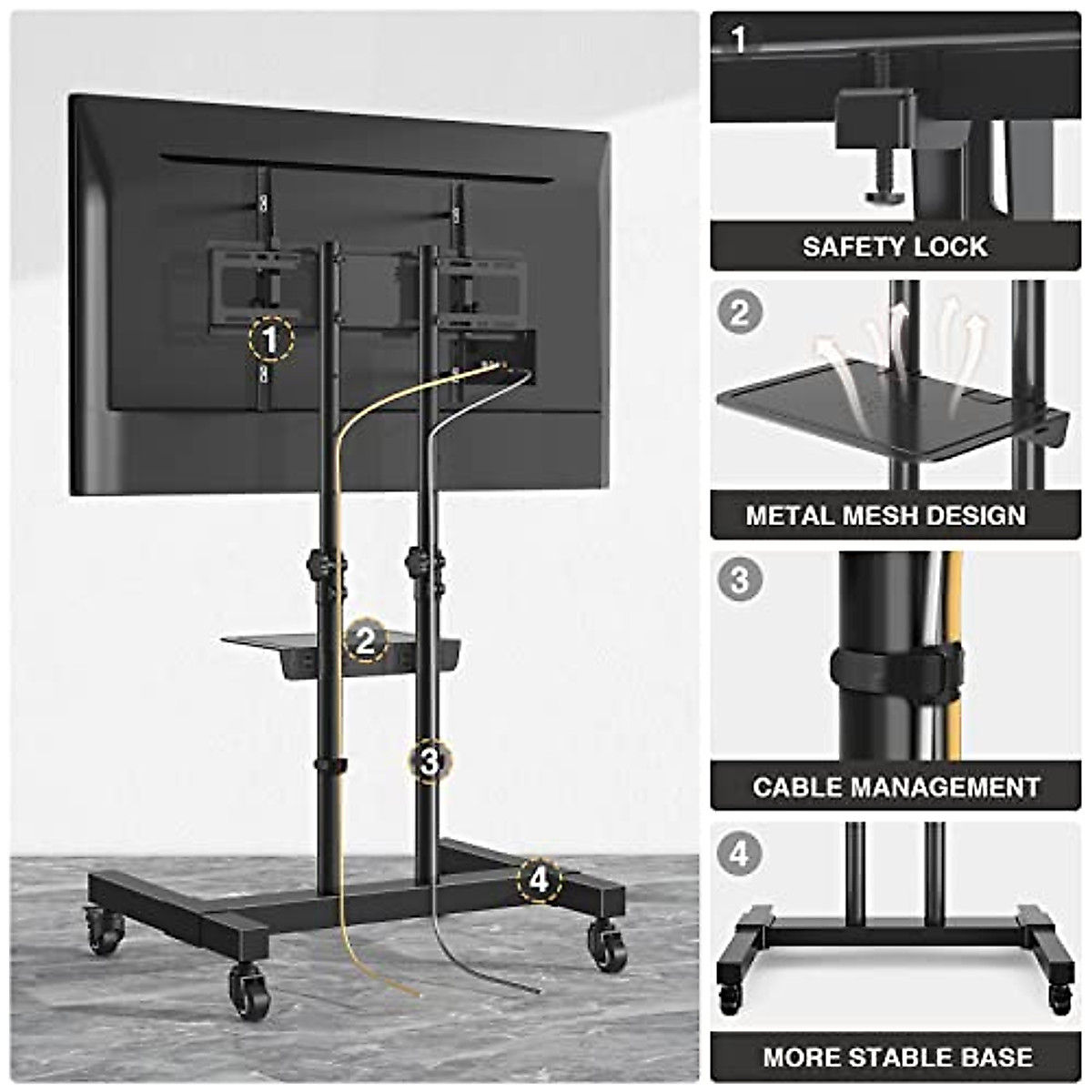 Mobile TV Stand Rolling TV Cart Floor Stand with Mount on Lockable Wheels Height Adjustable Shelf for 32-80 Inch TV Stand Flat Screen or Curved TVs Monitors Display Trolley Loading 110 lbs
