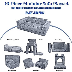 MeMoreCool 10-Piece Kids Couch Sofa, Modular Toddler Couch Glow Sofa for Playroom Bedroom, Fold Out Couch Play Couch for Kid Girl Boy, Kids Convertible Sofa Sectional Foam Playset Couch Set, Dino