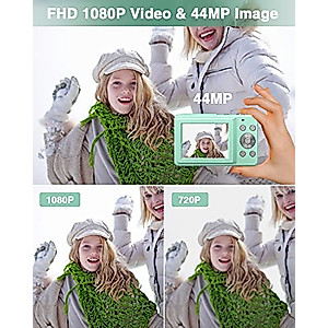Digital Camera for Kids, Lecran 1080P 44MP Kids Camera with 32GB Card Point and Shoot Camera with 16X Zoom, Compact Portable Cameras Christmas Birthday Gift for Children Kids Teens Girl Boy(Green)