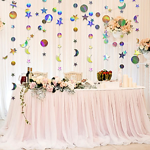6 Pieces Iridescent Twinkle Moon Stars Circle Garland Streamer Party Decorations for Kids First Birthday Ramadan EID Mubarak Baby Shower Wedding Decor