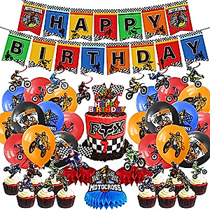 Dirt Bike Party Decorations, Motocross Birthday Party Supplies Includes Banner, Cake Toppers, Hanging Decorations, Balloons, Dirt Bike Party Supplies, Motorcycle Extreme Sports Party Decorations