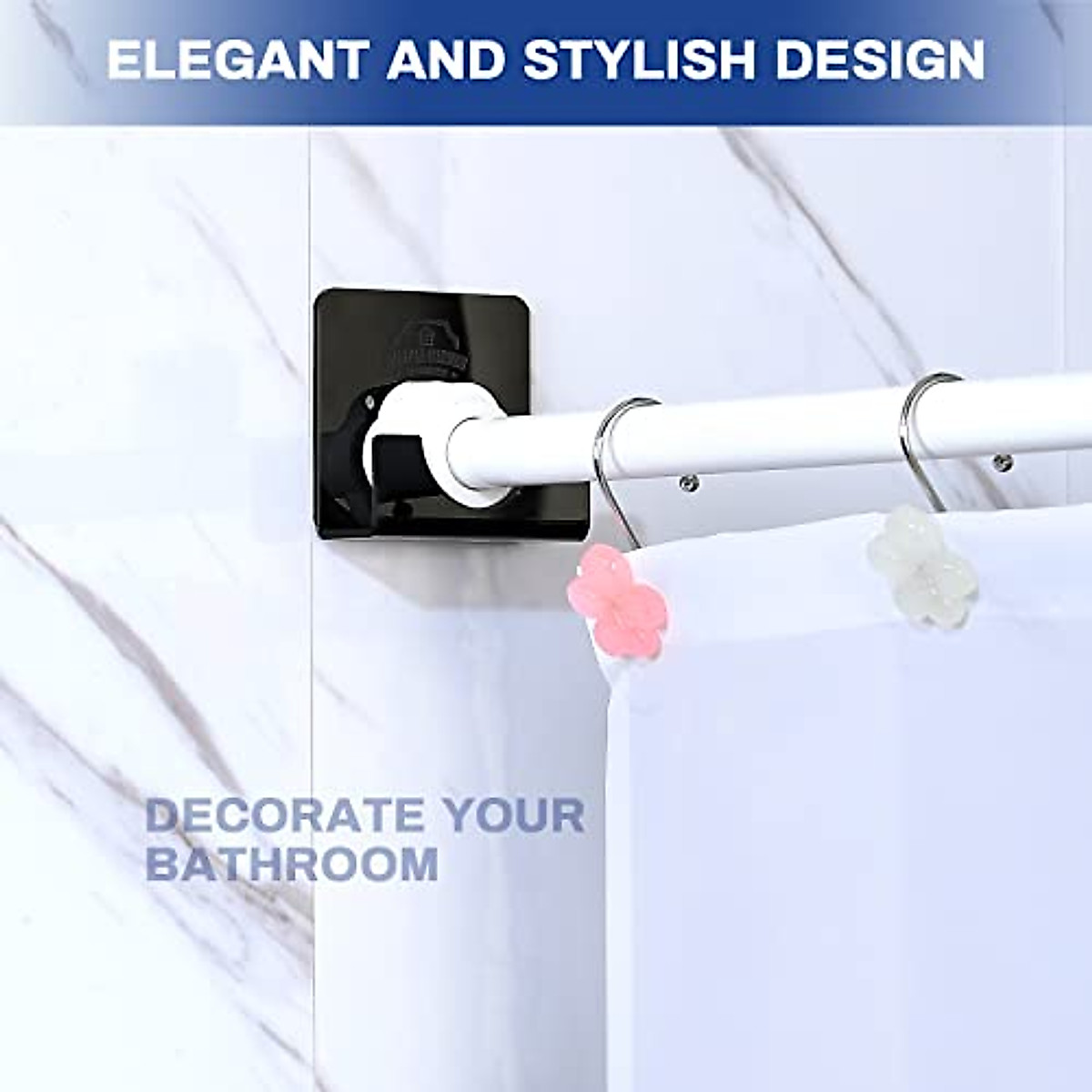 Black Acrylic Bathroom Curtain Rod Holders Adhesive Non Slip Curtain Hangers Pole Holders for Drapes No Drill Stick On Wall Mounted Bath Rod Gripper 2 Piece Square Shower Rod Brackets for Wall