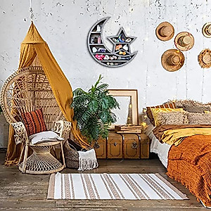 Wooden Crystal Display Shelf, Star On The Moon Shape Crystal Holder for Crystals Stones, Essential Oils Small Plant and Art, Hanging Floating Shelves Gothic Witchy Decor Wall Décor for Home, Office