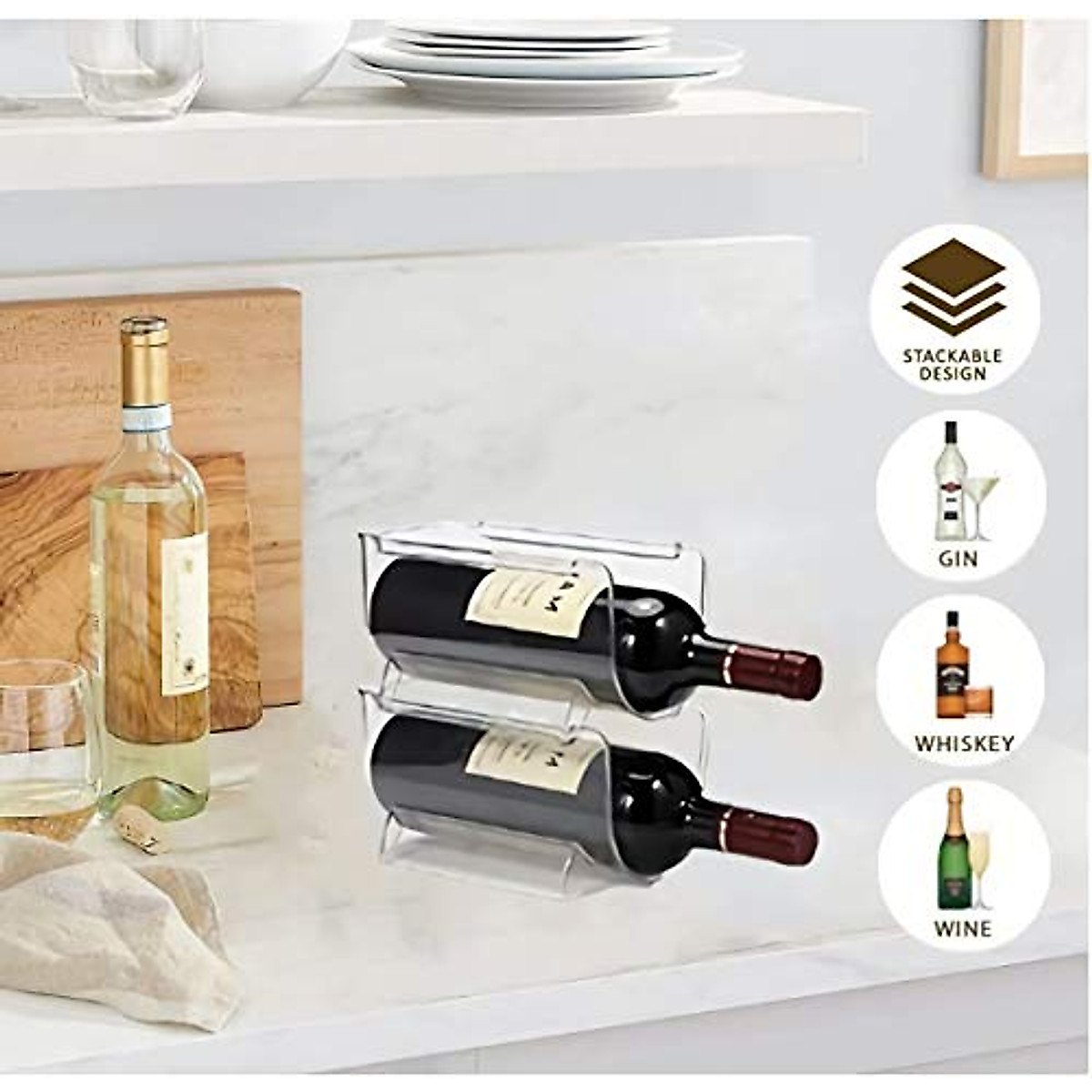 Modular Plastic Free-Standing Water Bottle and Wine Rack Storage Organizer for Kitchen Countertops, Pantry, Refrigerator ,Ideal Storage for Wine, Soda, Pop and Beer - Stackable, 2 Pack - Clear